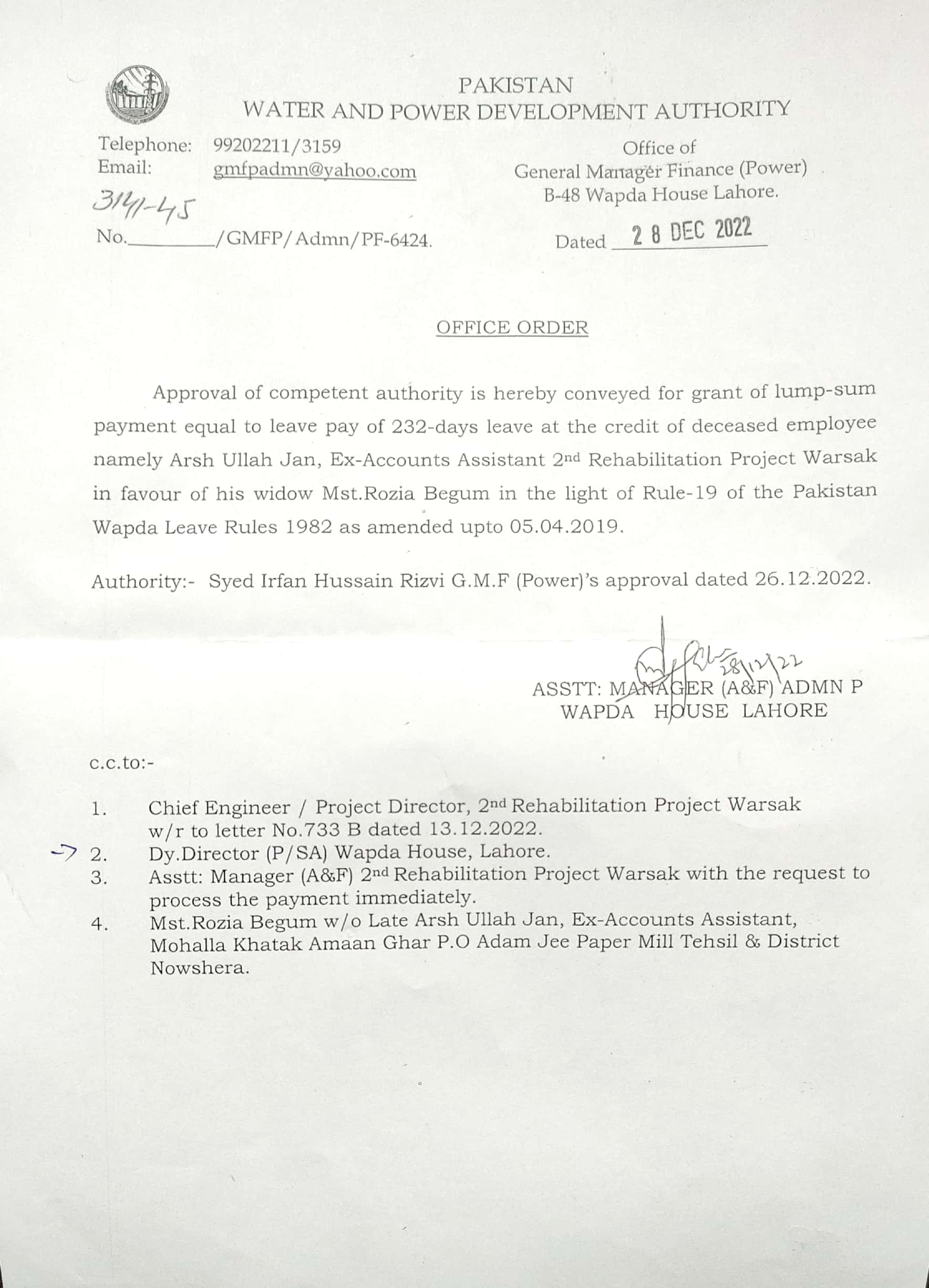 Office of GM Finance (Power) - WAPDA